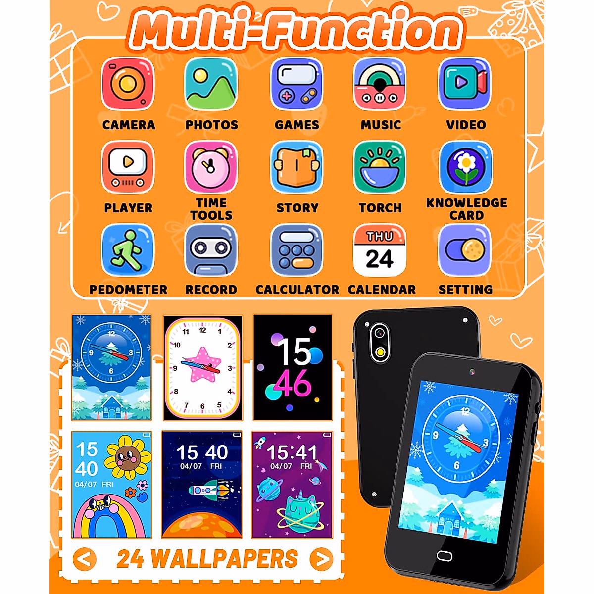 Kids Smart Pretend Phone for Girls Boys Age 3-8 with Dual Camera 28 Games 2.8'' HD Touch Screen Music Player Video Audible Story Pedometer Alarm Clock Calculator Torch Toddler Learning Toys