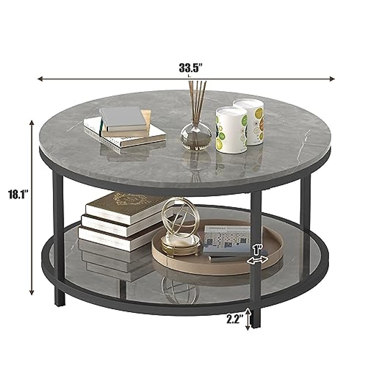 WiberWi Round Coffee Table 33.5" Coffee Tables for Living Room High Glossy Faux Marble Top Modern Circle Table Sturdy Black Metal Frame Legs Cocktail Table with Storage Open Shelf
