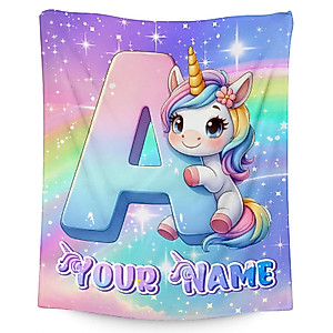 CUSPCOD Unicorn Blanket Gifts for Girls - Custom Blanket with Name Gifts Ideal - Personalized Initial Blanket for Unicorn Lovers - 40"x50" Kids Throw Blanket for Couch, Sofa - Monogram Blankets Gifts