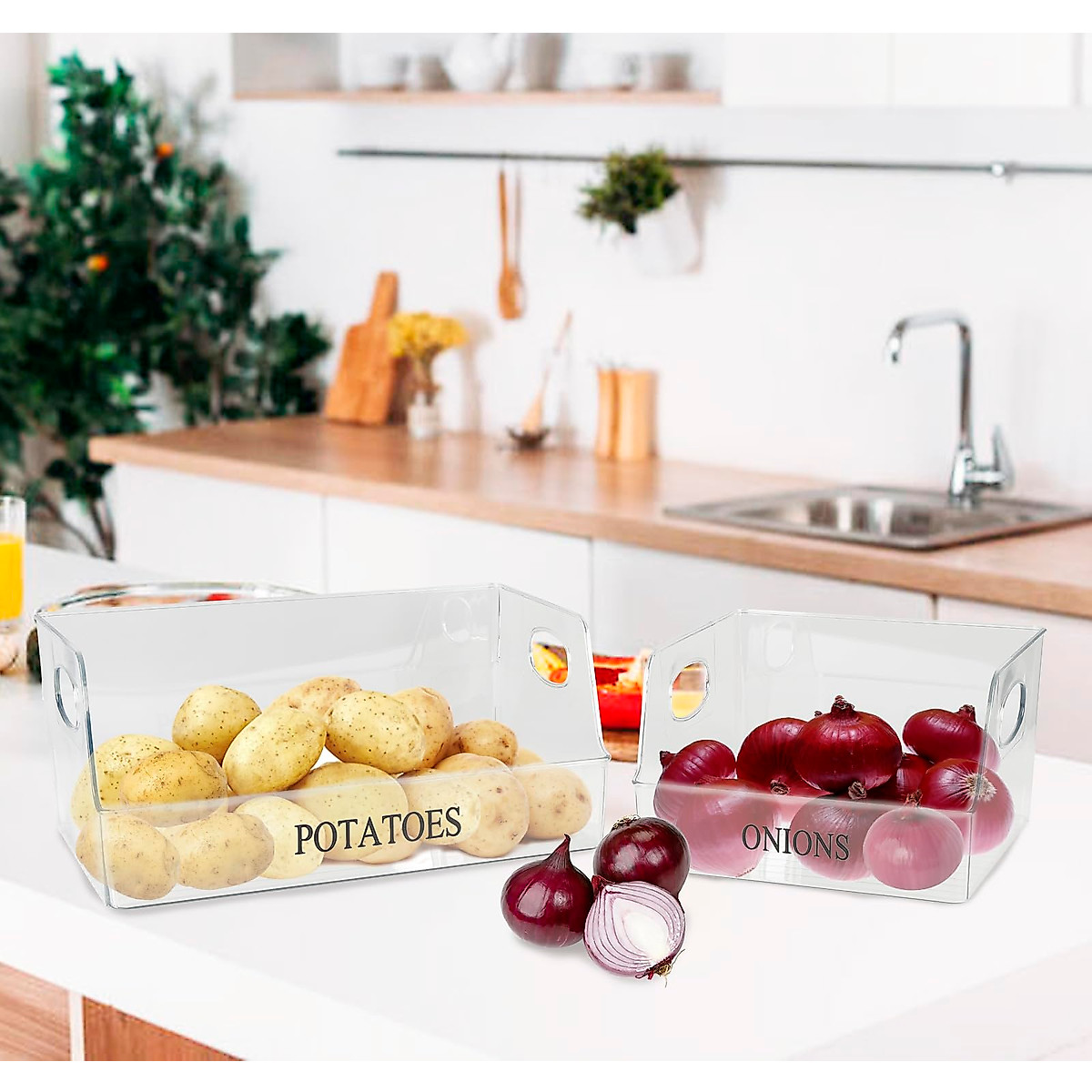 Yomjarl Potato and Onion Storage Bin 2pcs Fruit Basket Storage for Kitchen Countertop Potato and Onion Storage Basket Clear Storage Basket different sizes for Vegatable, Produce