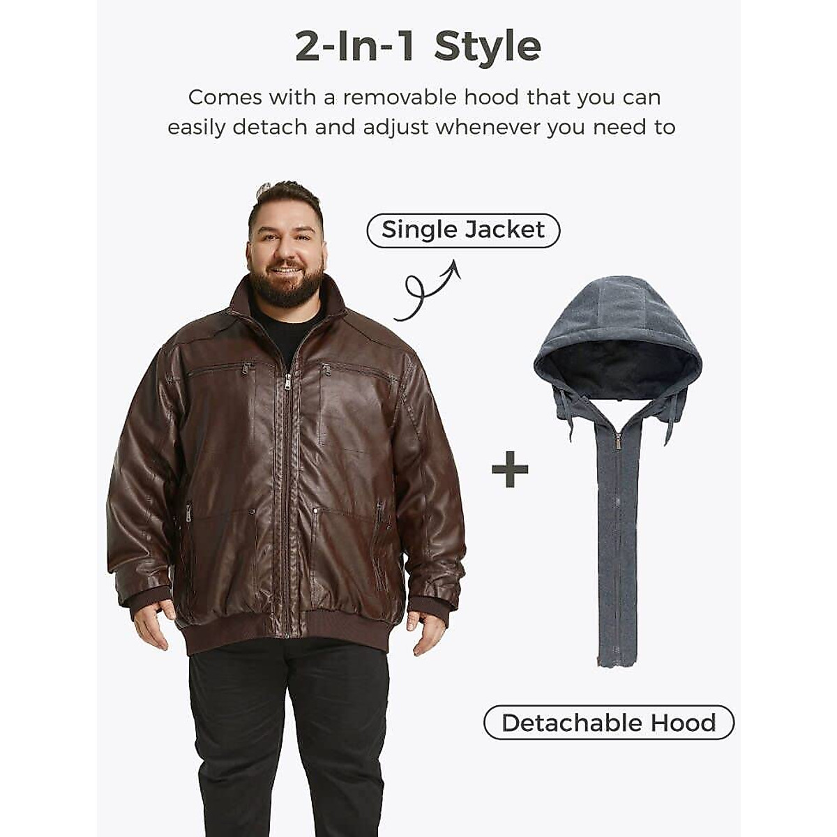 wantdo Men's Big and Tall Faux Leather Jacket Winter Coat Motorcycle Jacket With Removable Hood Coffee X-Large Tall