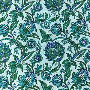 Craftbot Hand Block Print Fabric by The Yard - PRECUT 3 Yards 42 inch Width - 100% Cotton Material - Green Floral Pattern - Light Weight Indian Cloth for Making Kurti Summer Dress Salwar Kameez etc