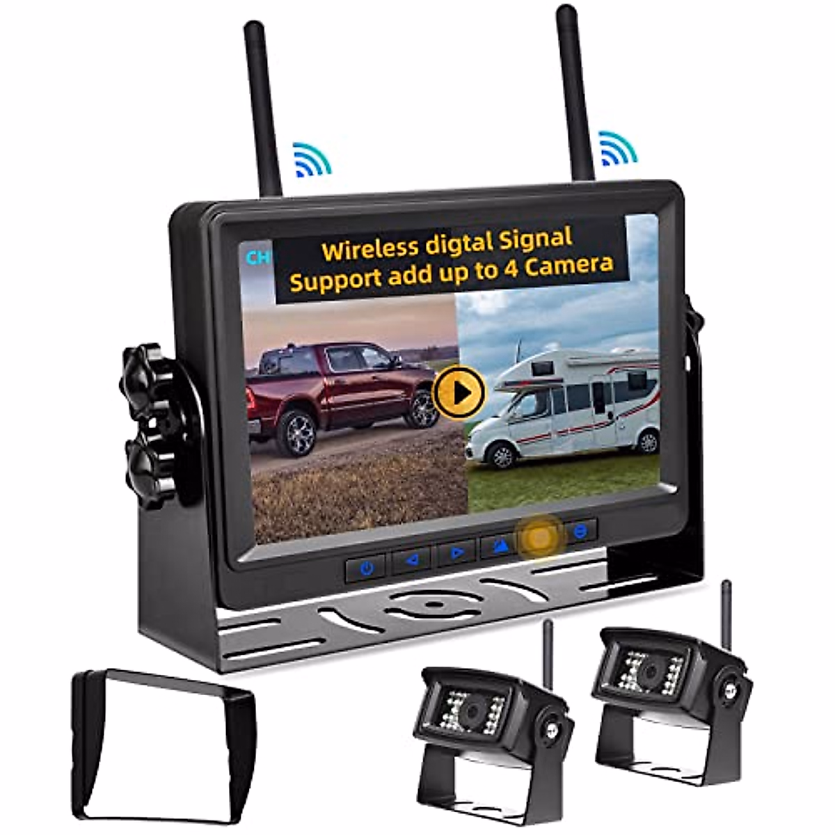 FHD 1080P Wireless Backup Camera Kit 7” LCD Monitor with Blue Backlit Buttons Support Split Screen Two Cameras IP69 Waterproof IR Night Vision for Bus/RV/Truck/Trailer/Motorhome/Boat