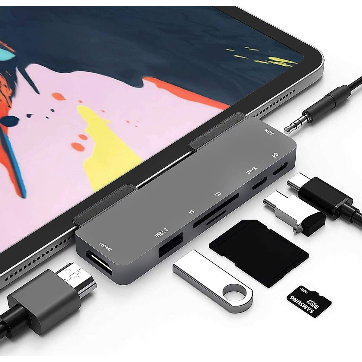 iPad Pro USB C Hub, NewBEP 7-in-1 Hub Adapter for iPad Pro, iPad Air 4, USB C Computer, with 4K HDMI, 60W USB-C PD Fast Charging, 3.5mm Headphone Jack & Type C Data, USB 3.0, SD/TF Card Reader