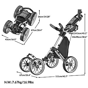 caddytek Caddycruiser One Version 8 - One-Click Folding 4 Wheel Golf Push Cart, Silver