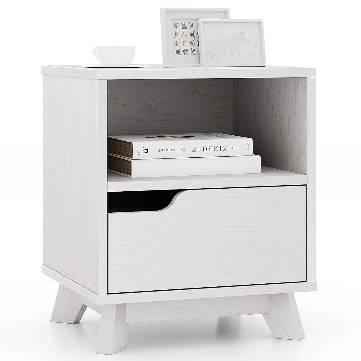 Giantex 2 Tier Nightstand, Mid Century Modern Bedside Table with Storage Drawer & Open Shelf, Wood Night Stand for Small Spaces, Minimalist Side End Table for Bedroom, Distressed White