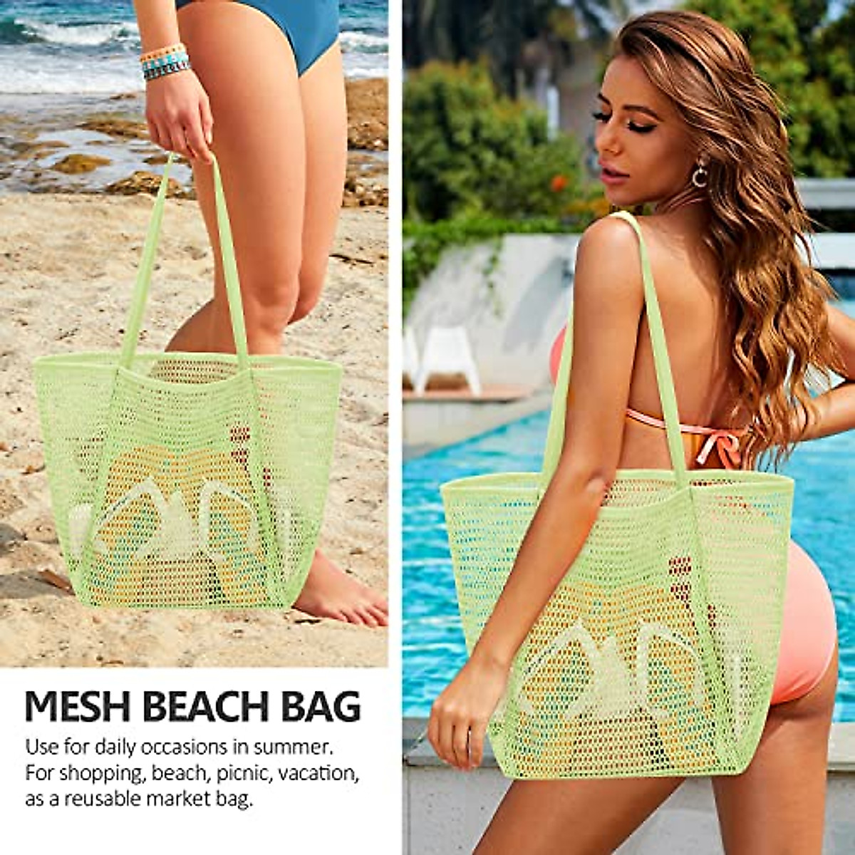 hatisan Beach Bag Mesh Tote Bag, Upgrade Beach Tote with Phone Pouch Women Mesh Bag Shoulder Bag for Beach Travel Vacation (Green)