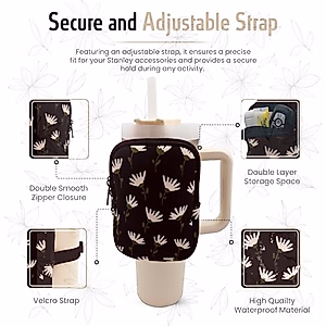 NOLI JUNE - Black Floral Neoprene Pouch for Stanley Quencher 18oz to 40oz - Adjustable Strap, Zipper Closure, Unisex Travel Accessory - Water Bottle Tumbler Carrier
