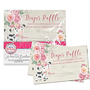 Amanda Creation Watercolor Pink Floral Cow Diaper Raffle Tickets for Baby Showers, 20 2" X 3” Double Sided Insert Cards for Games, Bring a Pack of Diapers to Win Favors & Prizes!