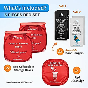 PedaShield Shoe Covers box | Collapsible Shoe Basket Bin Bootie Box | Reversible Door Hanger Signs | Realtors Open House 10" Foldable Storage holds 100 Disposable (2 Red Box + 2 Door Hang, 4)