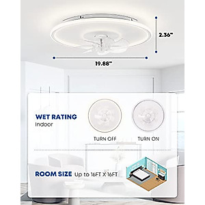 NookNova 20'' White Smart Low Profile Indoor Flush Mount Ceiling Fan with Lights, Small Modern Bladeless Ceiling Fan with LED Light Remote and APP Control for Bedroom etc, 6 Speed, Stepless Dimming