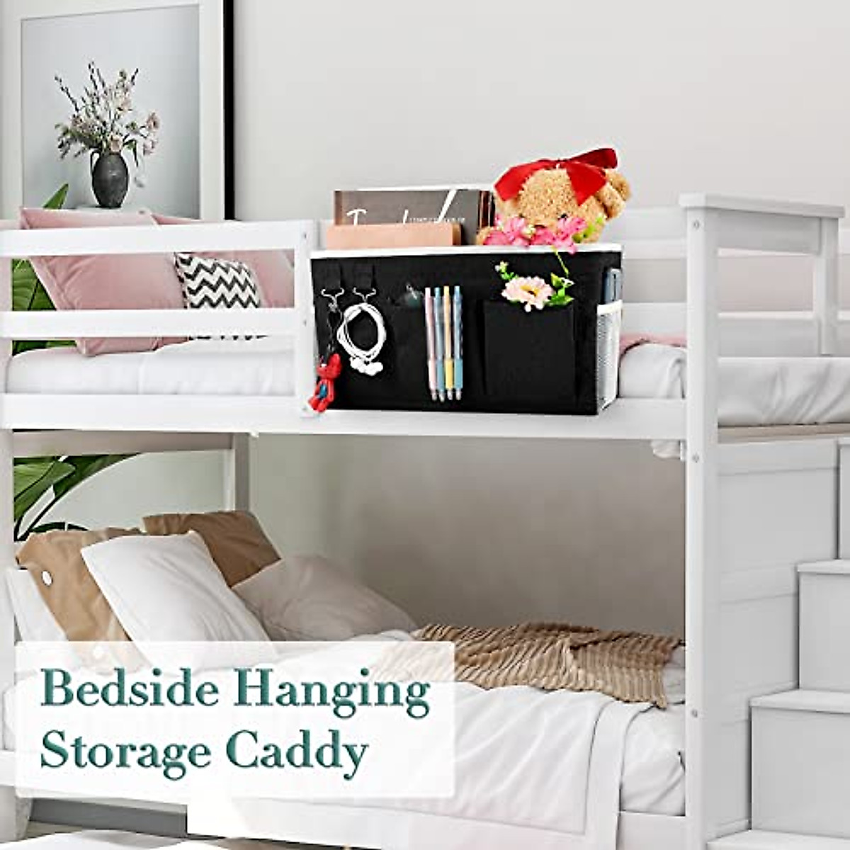 Creproly Bedside Caddy/Hanging Storage Bag for Headboards Bunk Hospital Beds Dorm for Storage Books, Keys, Mobile Phones (Black)