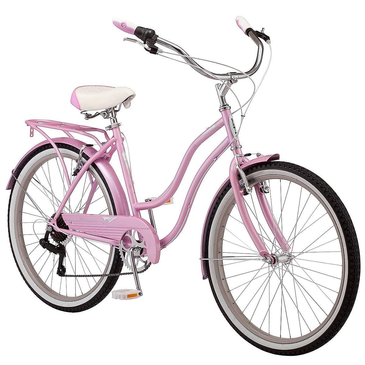Schwinn Perla Adult Beach Cruiser Bike & Colorbasket 01334 Adult Front Handlebar Bike Basket, All Weather, Water Resistant, Adjustable Leather Straps, White with Pink Trim