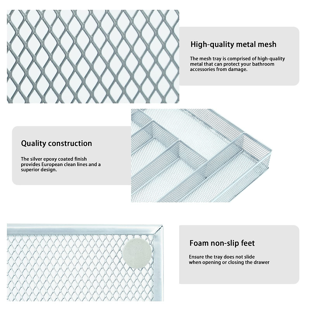 Neudeco Silverware Drawer Organizer Holder, Cutlery Tray Silverware Flatware Storage Divider for Kitchen, Bedroom, Living Room,Mesh Wire with Non-slip foam Feet, 5 Compoment（ Silver）