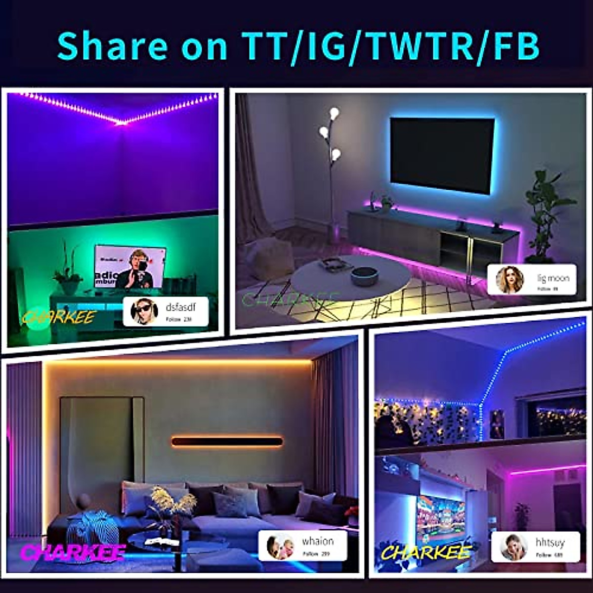 CHARKEE 65.6 ft Bluetooth LED Strip Lights, Sync Music Color Changing LED Lighting Strips, SMD5050 Flexible LED Tape Light with APP/Remote Control, Bluetooth LED Strips Light for Bedroom, Indoor, DIY