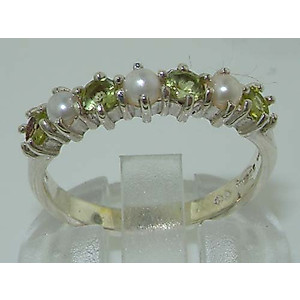 925 Sterling Silver Cultured Pearl & Peridot Womans Eternity Ring - Size 11.25