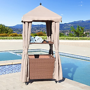 Barton Rolling Towel Caddy All-Wicker Outdoor Patio Pool Towel Cabinet Organizer Towel Valet Float Deck Rolling Holder Bench Pool Storage Caddy