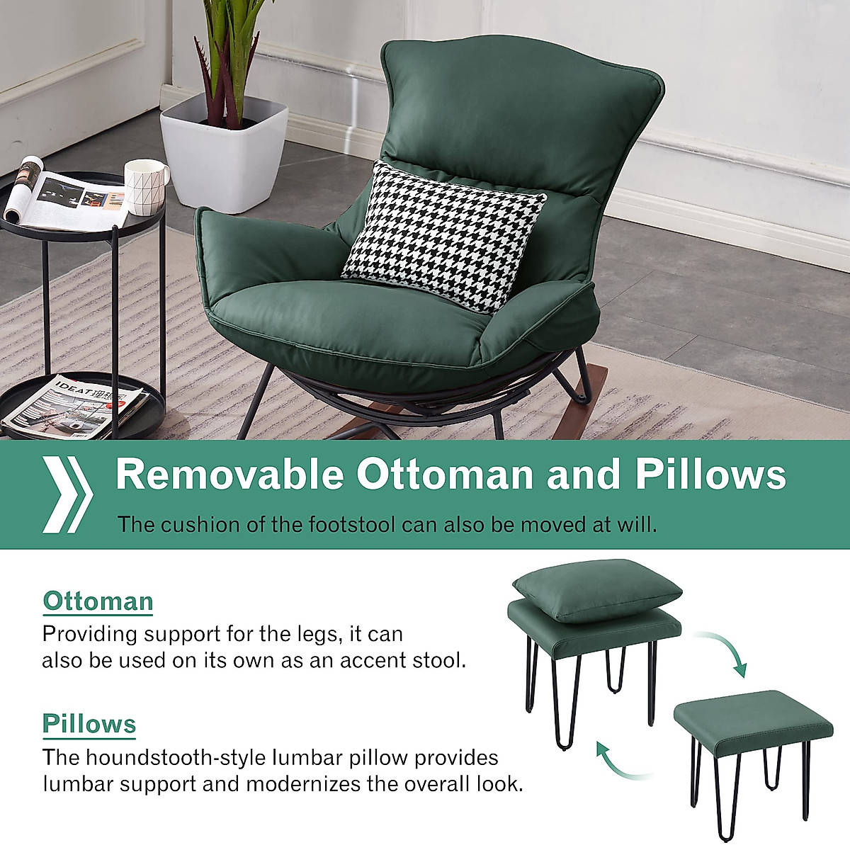 MCombo Modern Rocking Chair, Upholstered Glider Rocker Nursery Accent Chair with Ottoman, Comfy Reading Chairs for Living Room Bedroom Offices (Green)