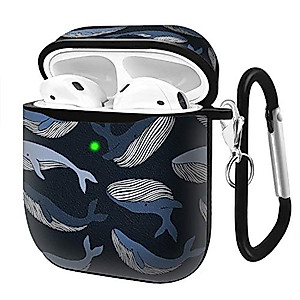 Slim Form Fitted Printing Pattern Cover Case with Carabiner Compatible with Airpods 1 and AirPods 2 / Ocean Whale Pattern