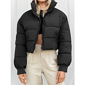 MEROKEETY Women's Winter Cropped Puffer Jacket Long Sleeve Oversized Stand Collar Zip-Up Short Coat