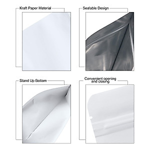 uxcell 50pcs Kraft Stand Up Pouches Sealable Paper Bags Foil Resealable Seal Pouches Packaging Zipper Bags for Food Storage Sample Package, White, 3.5x5.5 Inch