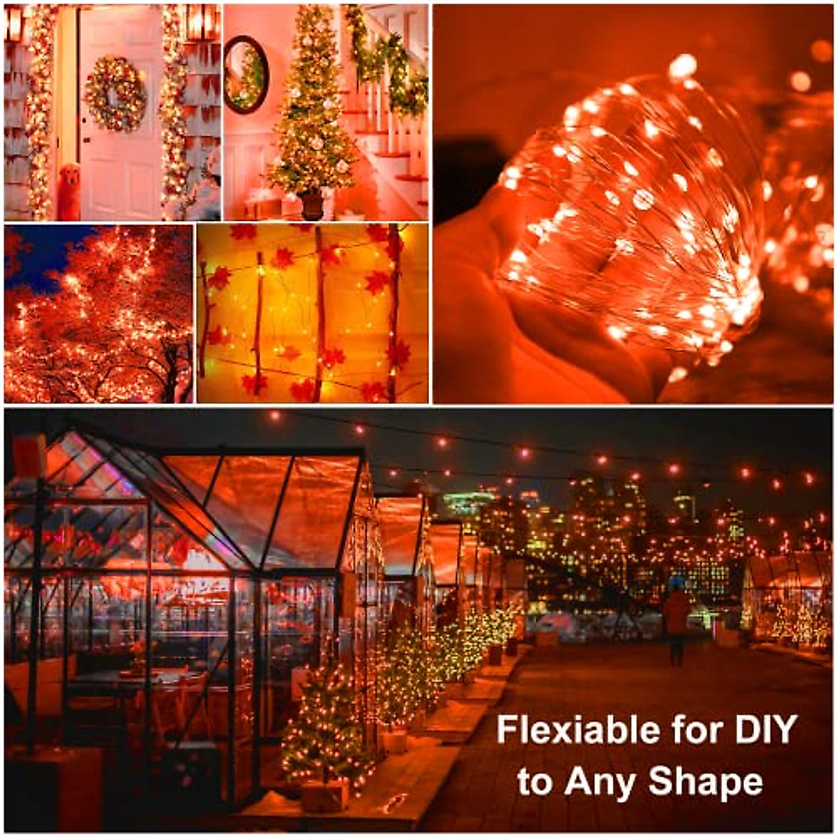 Yayfazy Orange Halloween Decor Solar String Lights Copper Wire 2Packs Each 100Led 33Ft Outdoor Fairy Lights,8 Modes IP65 Waterproof for Patio Garden Tree Xmas Party Wedding Yard Decoration