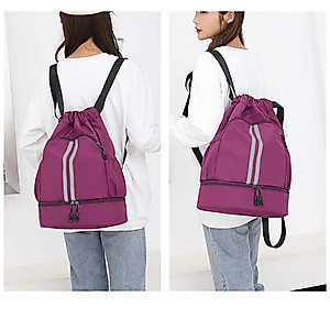 Oziral Drawstring Backpack, Water-Resistant Sports Gym Bag with Shoe Compartment and Two Side Mesh Pockets, String Backpack with Reflective Strip for Men and Women (Purple)