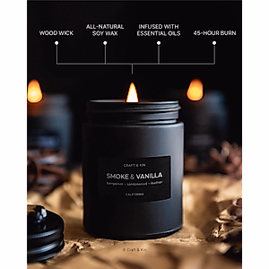 Scented Candles for Men | Smoke and Vanilla Candle for Men | Soy Candles, Long Lasting Candles, Home Decor | Masculine Candle, Wood Wicked Candles, Spring Candles | Vanilla Candle in Black Jar