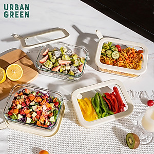 Urban Green Glass Food Storage Containers with Glass Lids, Microwave Safe Glass Food Container Set, Leakproof Glass Produce Containers with Removable Colander, Salad Storage Container, 2 Pack,