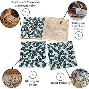Green Flower Ceramic Tile Painted 4x4 - Moroccan Hand Painted Square Tile Zellige for Kitchen Backsplash, Outdoor/Indoor Tiles Bathroom or Shower Tile, Handmade Ceramic Traditional Tile (50 Tiles)