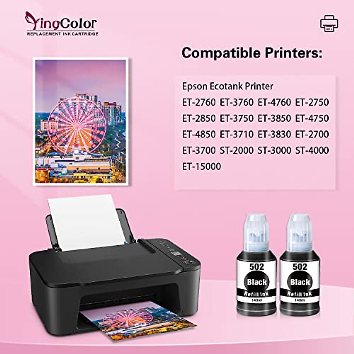 Compatible Ink Bottle Replacement for Epson 502 T502 for ET-2760 ET-2800 ET-2750 ET-3750 ET-4760 ET-4750 ET-3760 ET-15000 ET-3710 ET-3700 ET-2700 ST-2000 ST-3000 ET-2803 Printer, 5-Pack