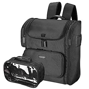 BYOOTIQUE Makeup Backpack Soft Sided Makeup Train Case Barber Cosmetic Bag Double Layer Organize Carry on Travel with Heat Isolation Side Pocket Removable Bag for Makeup Artist Hairstylist, Black