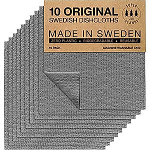 SUPERSCANDI Swedish Dishcloths for Kitchen Grey 10 Pack Reusable Compostable Kitchen Cloth Made in Sweden Cellulose Sponge Swedish Dish Cloths for Washing Dishes