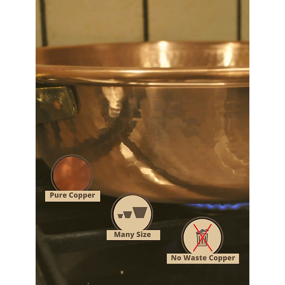 CREARTISTIC 100% Made in Italy - Copper Jam Pan – 10,2 x 3 inch – 2.6 Quart – Copper pan to make homemade jam – Pan with 2 handles – Handmade – Pure Copper – Hand hammered