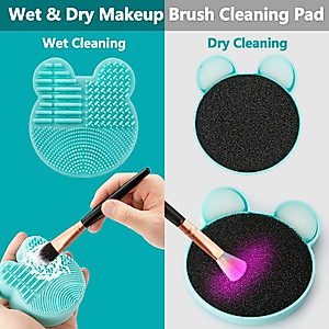 TailaiMei 2 Pack Makeup Brush Cleaning Mat with Color Removal Sponge, 2 in 1 Design Silicone Cleaner Pad for Dry Brush Color Switch and Wet Cleaning (Blue&Green)