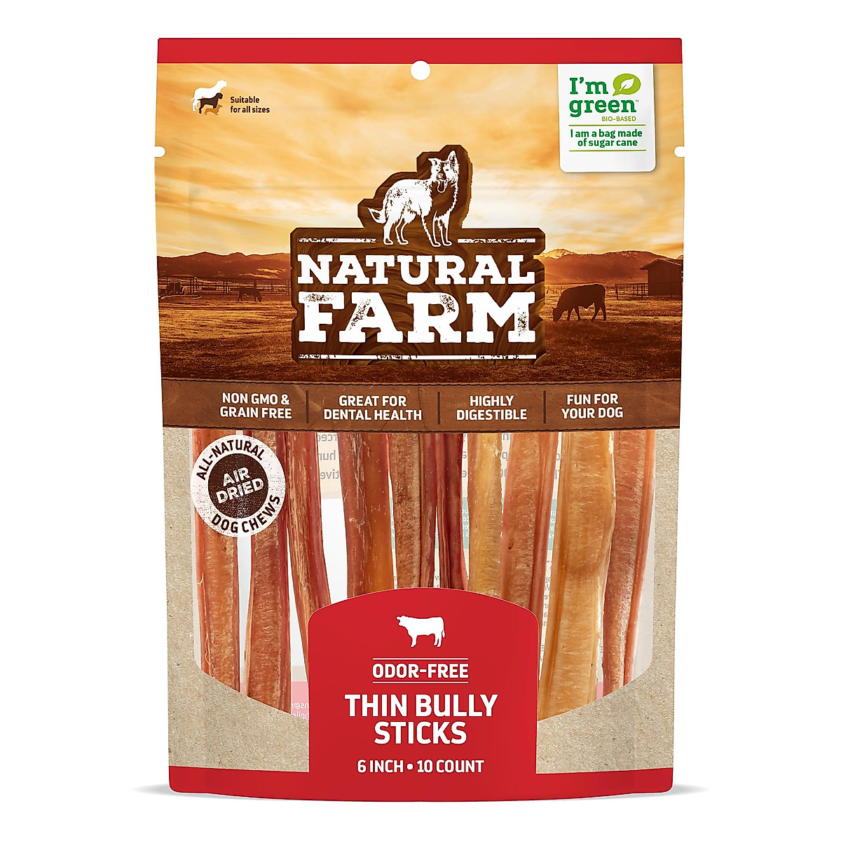 Natural Farm Odor-Free Thin Bully Sticks (6”, 10-Pack) All-Natural Long-Lasting Dog Chews, 100% Beef Pizzle, Grass-Fed, Grain-Free, Protein for Muscle Development & Energy, Perfect for Medium Chewers