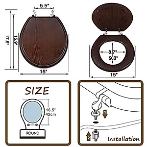 Round Wood Toilet Seat, American Standard Wooden Toilet Seat Round with Metal Hinges and 304 Stainless Steel Bolt， Easy to install