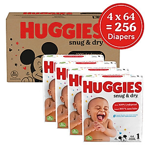 Huggies Size 1 Diapers, Snug & Dry Newborn Diapers, Size 1 (8-14 lbs), 256 Count (4 Packs of 64), Packaging May Vary
