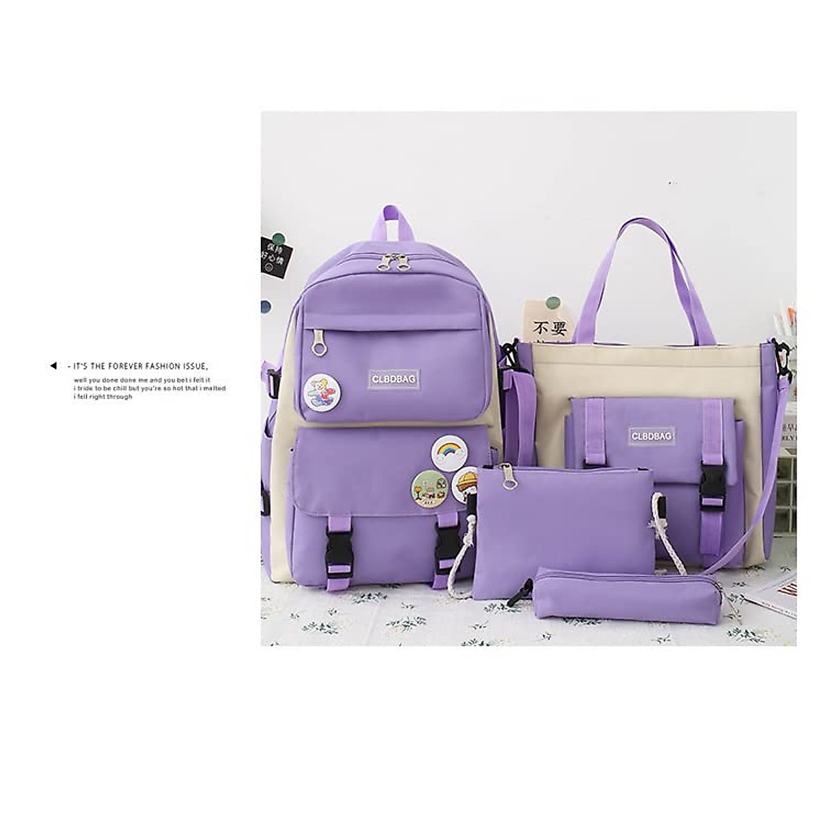 AMZTAN 4Pcs Canvas School Backpack Combo Set for Students with Bear Pendant Handle Shoulder Tote Bag Laptop Schoolbag (Purple)