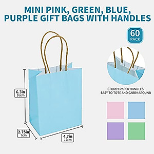 60 Pack Mini Small Pink Blue Green Purple Colored Paper Gift Bags with Handles for Birthday Wedding Baby Shower Party Favors, Shopping, Retail, Merchandise, 6.3x4.7x2.75 Inch ( 4 Colors Assorted)