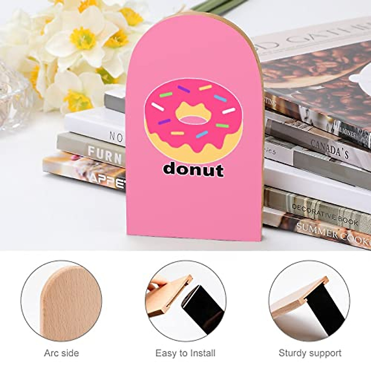 Cartoon Donut Wood Book Ends for Shelves Non-Skid Bookend Book Stand Book Holder Stopper for Home Office School