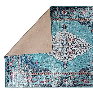 Mylife Rugs Traditional Vintage Non Slip Machine Washable Distressed Printed Area Rug, Turquoise Red 4'x6'