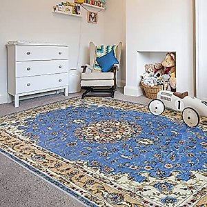 Ohmywor Blue Floral Oriental Rug 3'x5' Boho Area Rug Flower Vintage Soft Low-Pile Faux Wool Entryway Rug No Slip Washable Doormat for Bedroom Bathroom Kitchen Living Room
