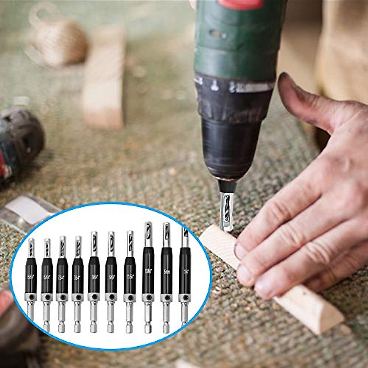 22Pcs Center Drill Bit Set,Self Centering Hinge Tapper Core Hole Puncher 5/64'' 7/64'' 9/64'' 11/64'' 13/64'' 5mm 1/4'' & 1 Pcs Hex Key & 10 Pcs Replacement Drill Bits +1 Center Punch