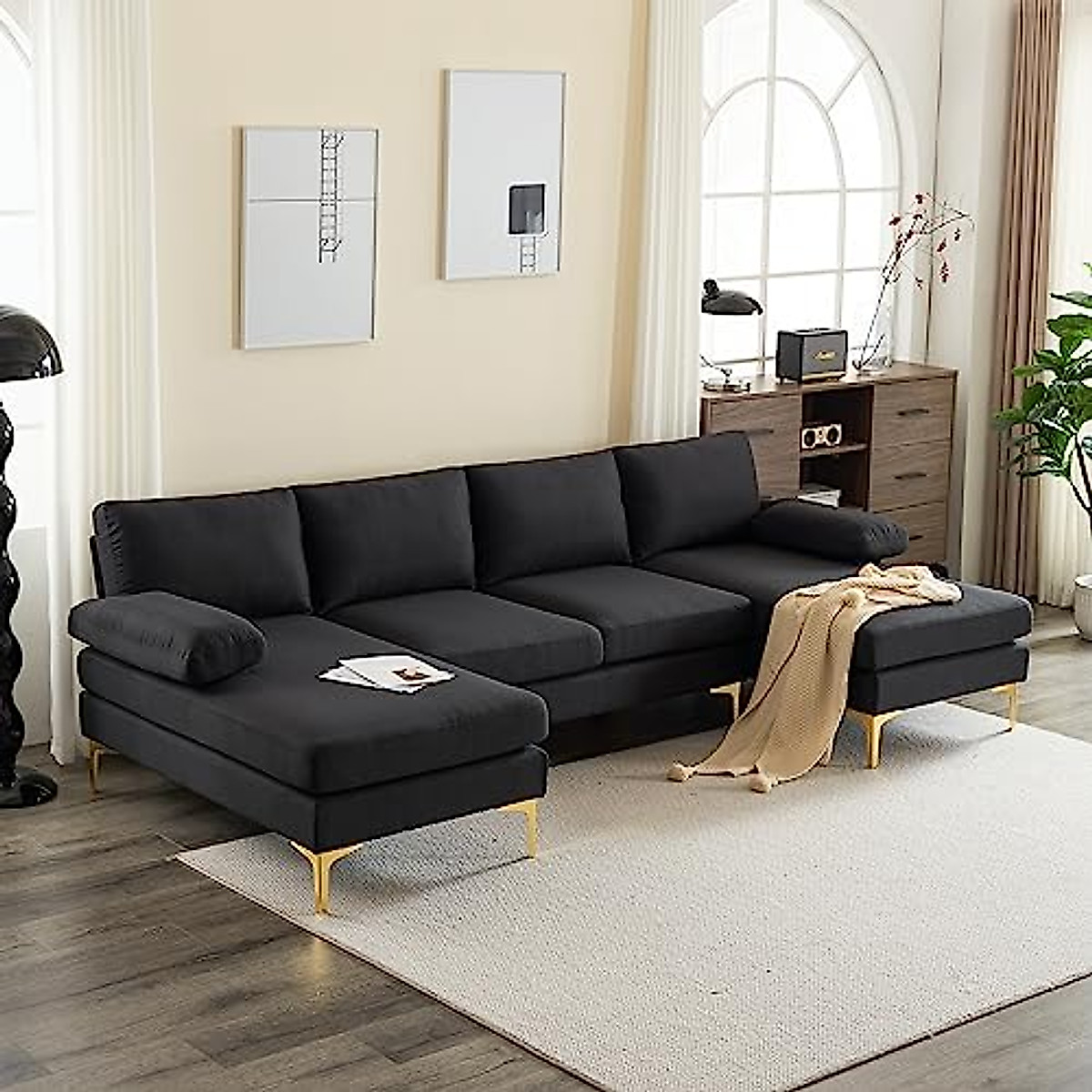VERYKE Modern U Shaped Sectional Sofa Couch for Living Room, 110'' Linen Fabric Couch Sofa, Upholstered Sofa Bed with Golden Metal Legs for Home Office