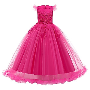 Girls Lace Pageant Party Dress Wedding Flower Girl Maxi Gowns Flower A Line Birthday Dance Evening Tulle Floor Length Skirt Hot Pink 6-7 Years