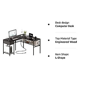 SUPERJARE L Shaped Desk with Power Outlets, Computer Desk with Drawer, Reversible Corner Desk with Grid Storage Bookshelf, Home Office Desk, Black