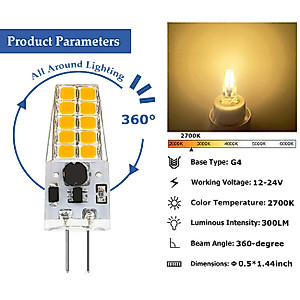 Dimmable G4 LED Bulb 12V 24V JC Tybe, 20-30W T3 G4 Halogen Equivalent,2700K Warm White, G4 Bi-Pin Base, 300LM, Chandelier Lighting/Landscape Lighting/Microwave Lighting 10pcs