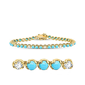Tennis Bracelet For Women - 3MM Round Turquoise And 1.23 Ct Natural Diamond 7 Inch Tennis Bracelet In 14K Yellow Gold Over 925 Sterling Silver (Clarity VVS1-I2/Color sky blue-J)