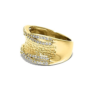 LAVINA Unique CZ Faux Diamond Matte Finish Hammered Band Ring For Proms, Holiday, Birthday (Gold, 8)